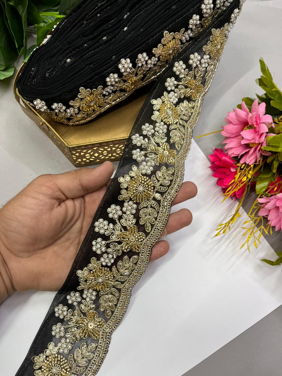 Luxurious Beaded Cutdana Bridal Dupatta Lace | Maggam Saree Laces ...